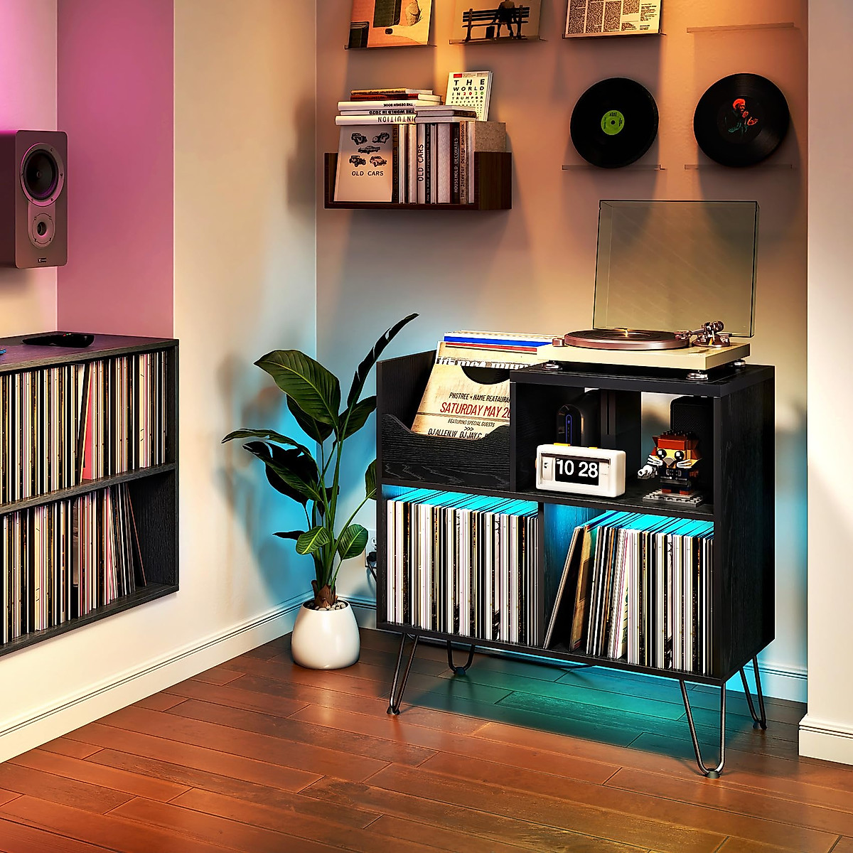 TC-HOMENY Record Player Stand with Vibration-Isolated Turntable Design, Vinyl Record Storage Table with Charging Station, Mid-Century Modern Turntable Stand (Black)