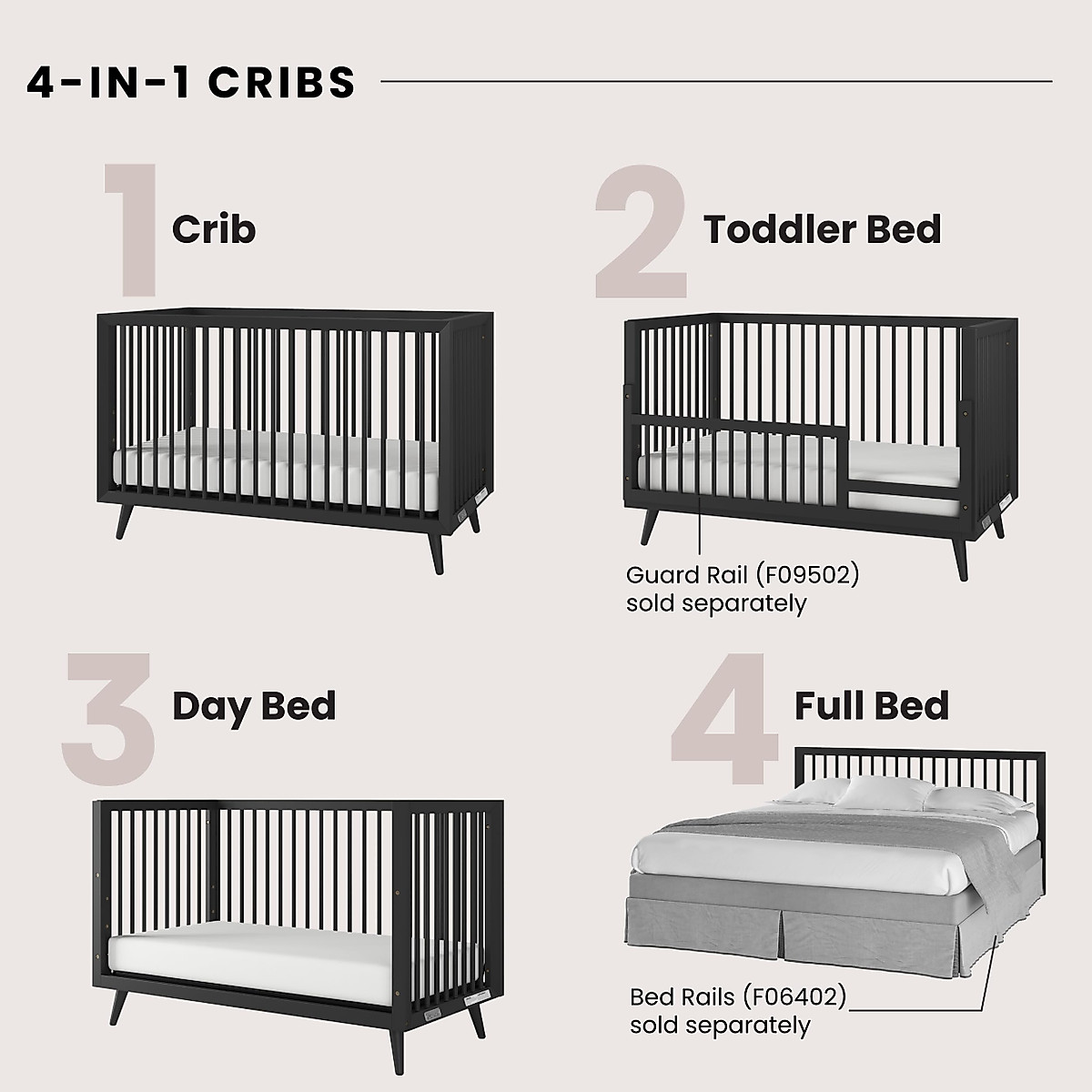 Child Craft Cranbrook 4-in-1 Convertible Crib, Baby Crib Converts to Day Bed, Toddler Bed and Full Size Bed, 3 Adjustable Mattress Positions, Non-Toxic, Baby Safe Finish (Ebony)