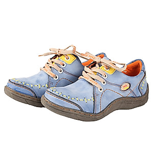 TMA EYES Women 's Hand Stitched Leather Walking Shoes(Blue,7.5)