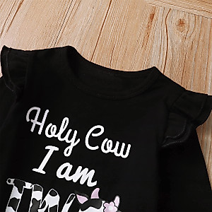 Slanavel Baby Girl Two Years Old Birthday Outfit Toddler 2nd Birthday Clothes Girl Holy Cow I'm Two Outfit Set (Black,2T)