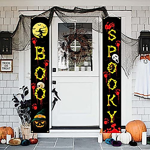 GRESATEK Halloween Door Banner Decorations, Halloween Boo Spooky Witches Skeleton Porch Sign, Festival Decor Banner for Halloween Party Outdoor Indoor Wall Tree and Garden