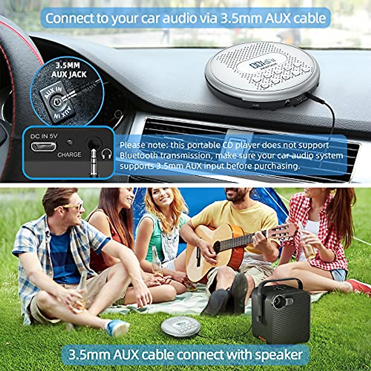 CD Player Portable, ARAFUNA Rechargeable Portable CD Players for Car with Speakers, Anti-Skip Walkman CD Player with Backlit Button, LCD Display and AUX Cable