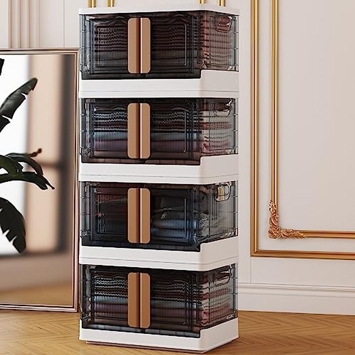 Storage Bins with Lids,Wheels-Large Plastic,4 Packs Folding Storage Box,34 Qt Stackable ,Grey Office Organization,White Dorm Room Essentials,Double Door File Cabinet