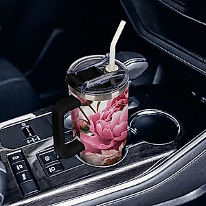 Botanical Floral Insulated Stainless Steel Travel Mug, 40 Oz Tumbler with Handle And Straw Double-Wall Vacuum Coffee Cup, Leak-Proof Lid, Keeps Drinks Hot/Cold for Hours