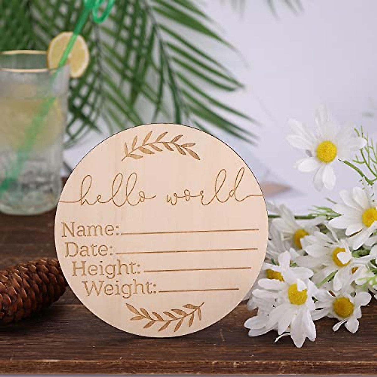 AIEX Wooden Baby Announcement Sign, 5.9 Inch Round New Baby Sign Birth Announcement Sign, Baby Name Sign Hello World Newborn Welcome Sign for Hospital Photo Prop Baby Shower Nursery Gift