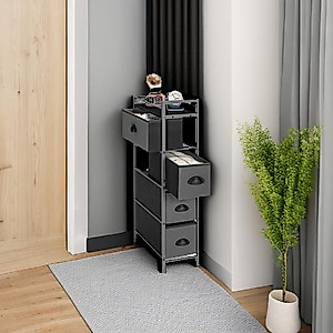 Narrow Dresser - 4 Drawers Slim Fabric Storage Cabinet - Vertical Standing Storage Chest - Gaps Tower Organizer with Removable Drawers and Wooden top for Laundry,Living Room,Entryway (Black_Side pull)
