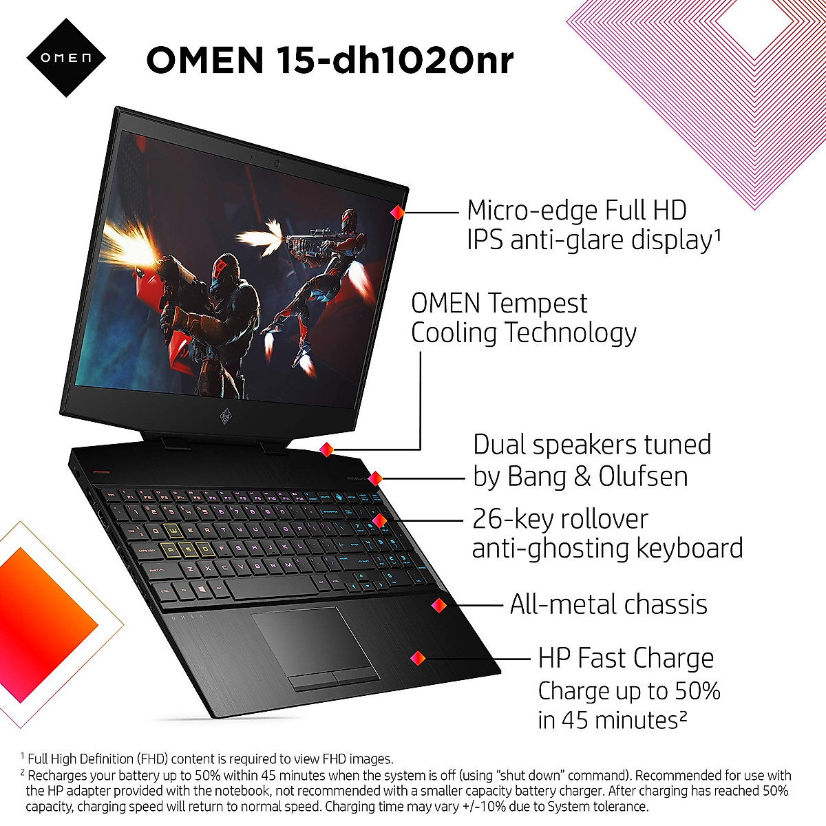 OMEN 15 Gaming Laptop, NVIDIA GeForce GTX 1660 Ti, Intel Core i7-10750H, 8 GB DDR4 RAM, 512 GB PCIe NVMe SSD, 15.6" Full HD, Windows 10 Home, RGB Keyboard (15-dh1020nr, 2020 Model)