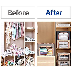 Clothes Storage Bins Boxes, 2 Pack Large Foldable Storage Bags with Clear Window/Durable Handles for Clothes, Metal Frame Clothes Storage Containers Organizer Set for Bedding, Blankets, Toys, Books(Dark gray, 66L)