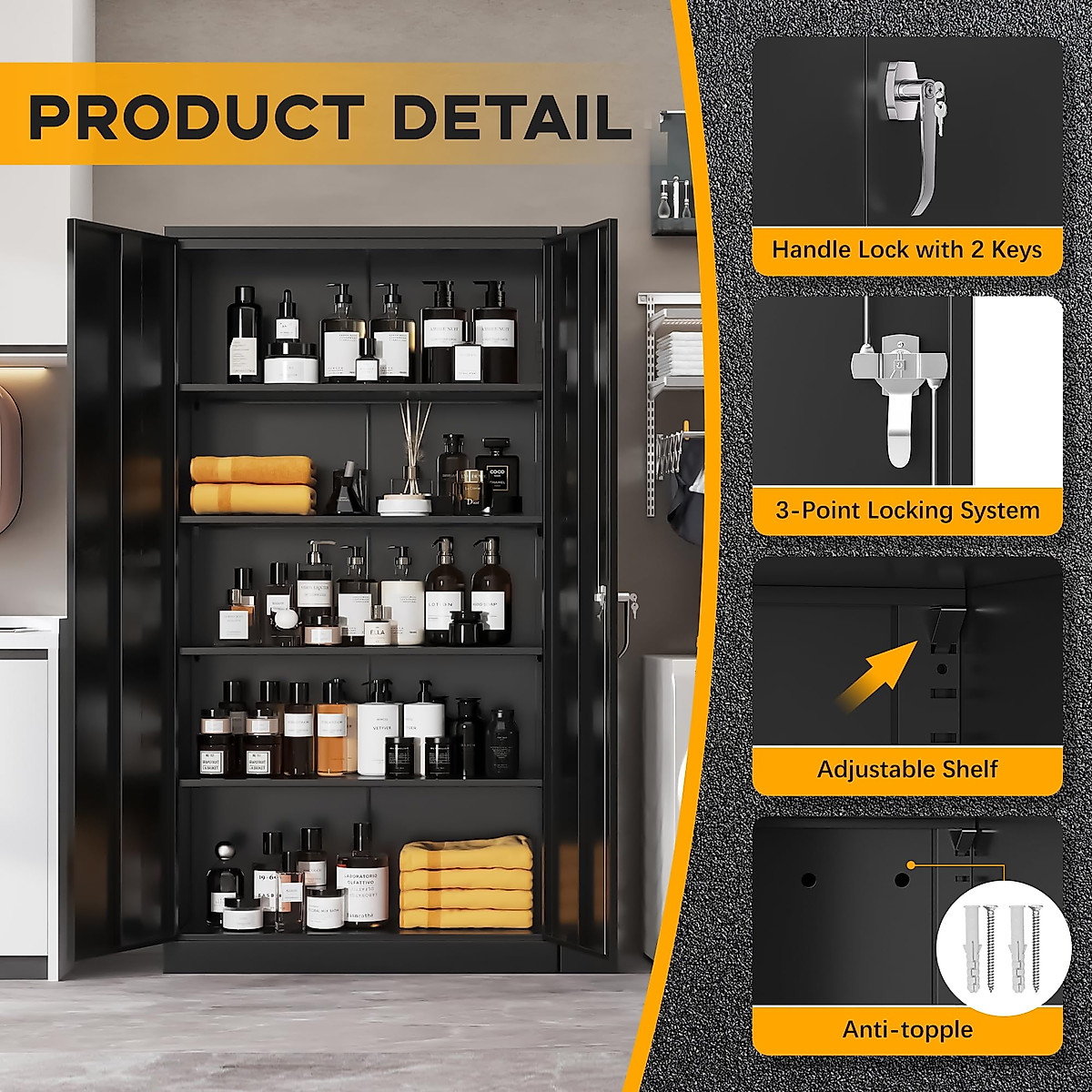 Greenvelly Metal Garage Storage Cabinet with Lock, 72" H Black Metal Cabinet with 2 Doors and 4 Adjustable Shelves for Office,Home,Garage,School(32" W x 16" D)