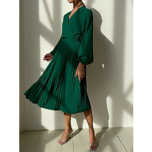 PRETTYGARDEN Women's Spring Midi Dress Long Puff Sleeve Wrap V Neck Flowy Ruffle Pleated Casual Fall Dresses (Dark Green,Medium)