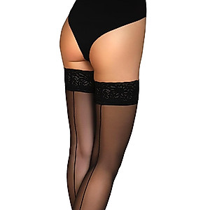 Charm and Attitude Black Sheer Seamed Thigh High Stockings for Women | Back Seam Pantyhose with Lace Top - Black, XS/S