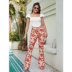 OYOANGLE Women's Floral Print High Waist Yoga Pants Wide Leg Pants Bell Bottom Trousers Multicolor Flower S