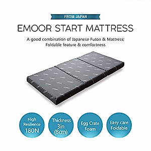 EMOOR Tri-Fold Mattress Start Twin (78x38x3in) 180N, High Resistance Egg Crate, Washable Cover, Gray, Minimalist,