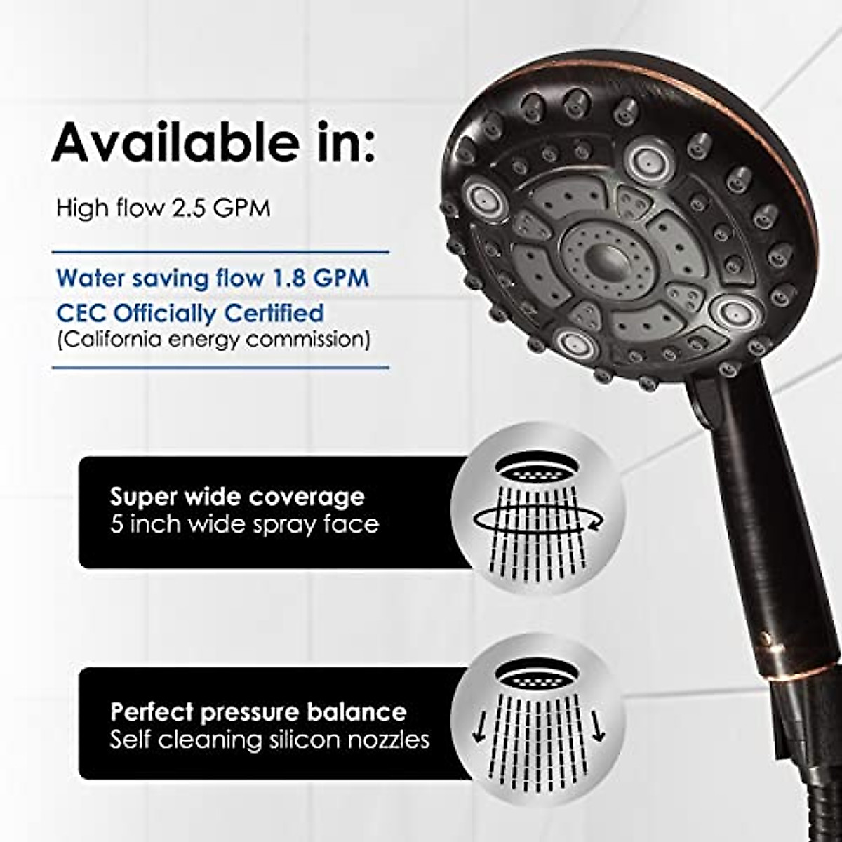 Aquarius Mist Handheld Oil Rubbed Bronze Shower Heads with Handheld Spray and Hose (Extra Long) Spa Grade High Pressure Showerhead wand With 6 Spray Settings – Adjustable Mount Holder & Teflon Tape