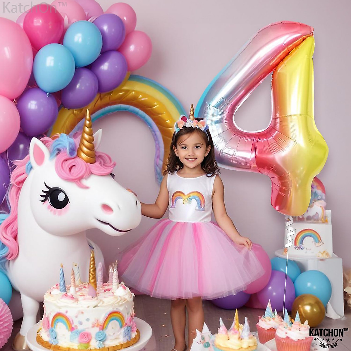 KatchOn, Giant, Rainbow 4 Balloon Number - 40 Inch | Number 4 Balloon, Unicorn 4 Birthday Decorations | Number Four Balloon, Unicorn Rainbow 4th Birthday Decorations | Mermaid Birthday Decorations