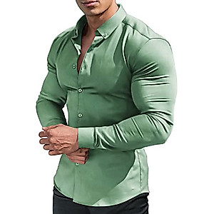 URRU Men's Muscle Dress Shirts Slim Fit Stretch Long Sleeve Casual Button Down Shirt Light Army Green L