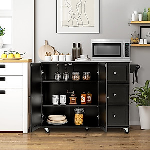 GORELAX Kitchen Island on Wheels with Stainless Steel Top, Rolling Kitchen Cart with Storage Drawers & Cabinet, Lockable Butcher Block Island w/Towel & Spice Rack for Dining Room (Black)