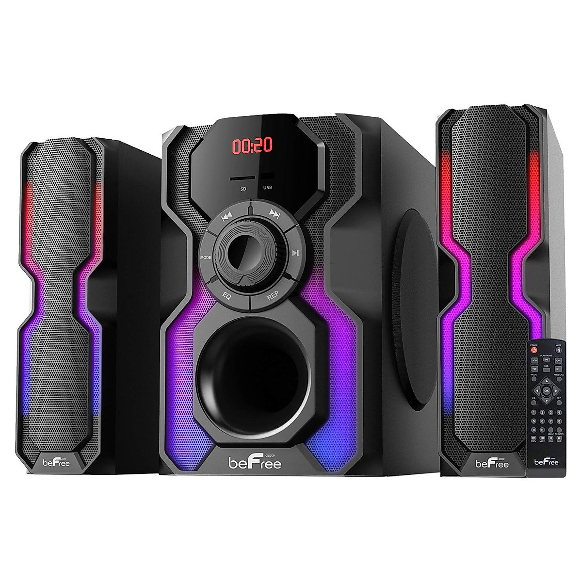 beFree Sound 2.1 Channel Bluetooth Multimedia Wired Speaker Shelf Stereo System with Reactive LED Lights, FM Radio, USB, and SD Inputs
