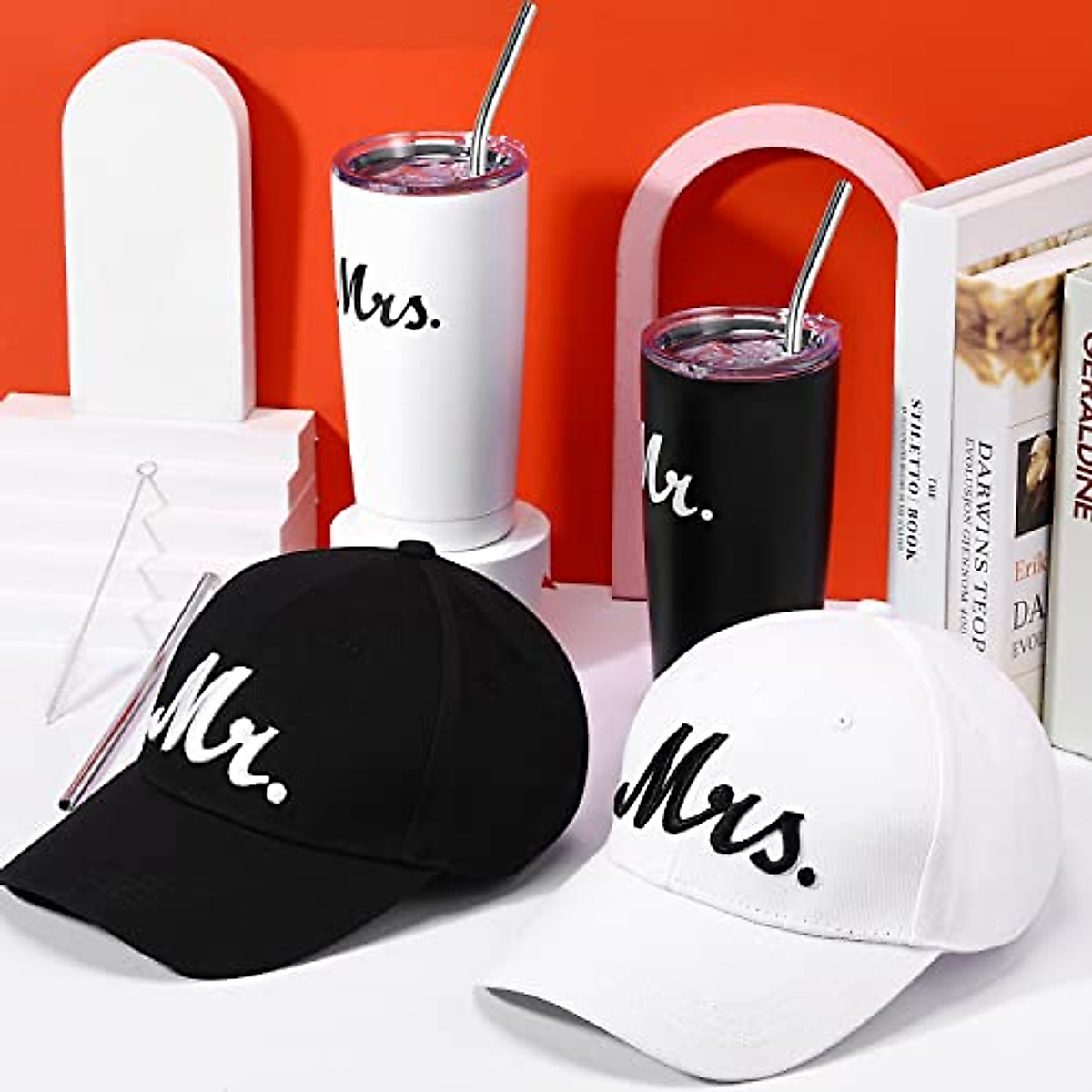 8 Pcs Mr and Mrs Tumbler Set and Baseball Caps Travel Tumbler Women Men Couples Coffee Cups Newlyweds Bride and Groom Caps Mr and Mrs Gifts for Couples,Wedding,Anniversary,Bridesmaids and Groomsmen
