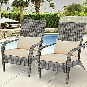 AECOJOY 2 Pieces Patio Adirondack Wicker Chair,PE Rattan Wicker Patio Dining Chair Set of 2, Grey Wicker Beige Cushion and Pillow for Garden, Backyard, Porch