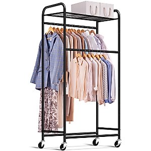 AOODA Double Rod Long Clothing Racks for Hanging Clothes, Heavy Duty Rolling Garment Rack with Top Shelves, Portable Closet Wardrobe Clothes Rack with Wheels for Dresses, Coats, Shirts (Black)