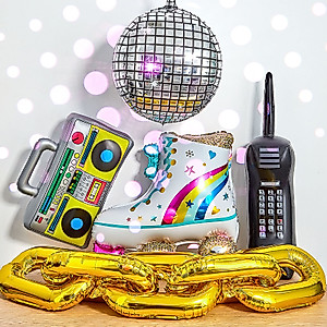 18 Pieces 80s 90s Party Decorations Rainbow Roller Skate Balloons Gold Chain Balloons Inflatable Boombox Radio Mobile Phone Balloons 4D Disco Ball Aluminum Film Balloons for Adult Hip Hop Themed Decor