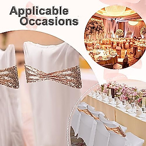 Windyun 50 Pcs Stretch Folding Chair Cover and Sequin Chair Sashes Universal Spandex Chair Slipcovers Double Sided Sequin Bows Washable Chair Protector for Wedding Birthday Banquet (White, Rose Gold)