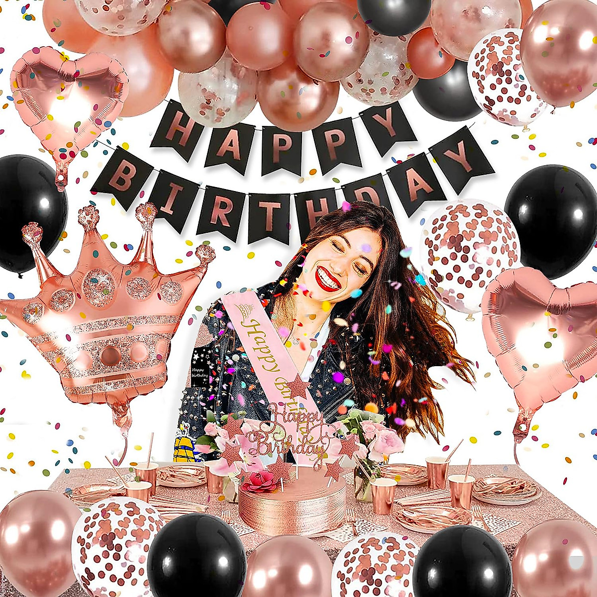 Rose Gold and Black Birthday Party Decorations with Happy Birthday Banner for Women Girls, Decor Set for Her, 16th 18th 21th 30th 40th 50th 60th 70th Supplies Balloons