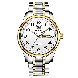OLEVS White Watch for Men Large Face Stainless Steel Quartz Watches with Date Casual Luminous Two Tone Band Men's Wrist Watch Three Hands Men Dress Watch Arabic Numeral Male Lightweight Watch