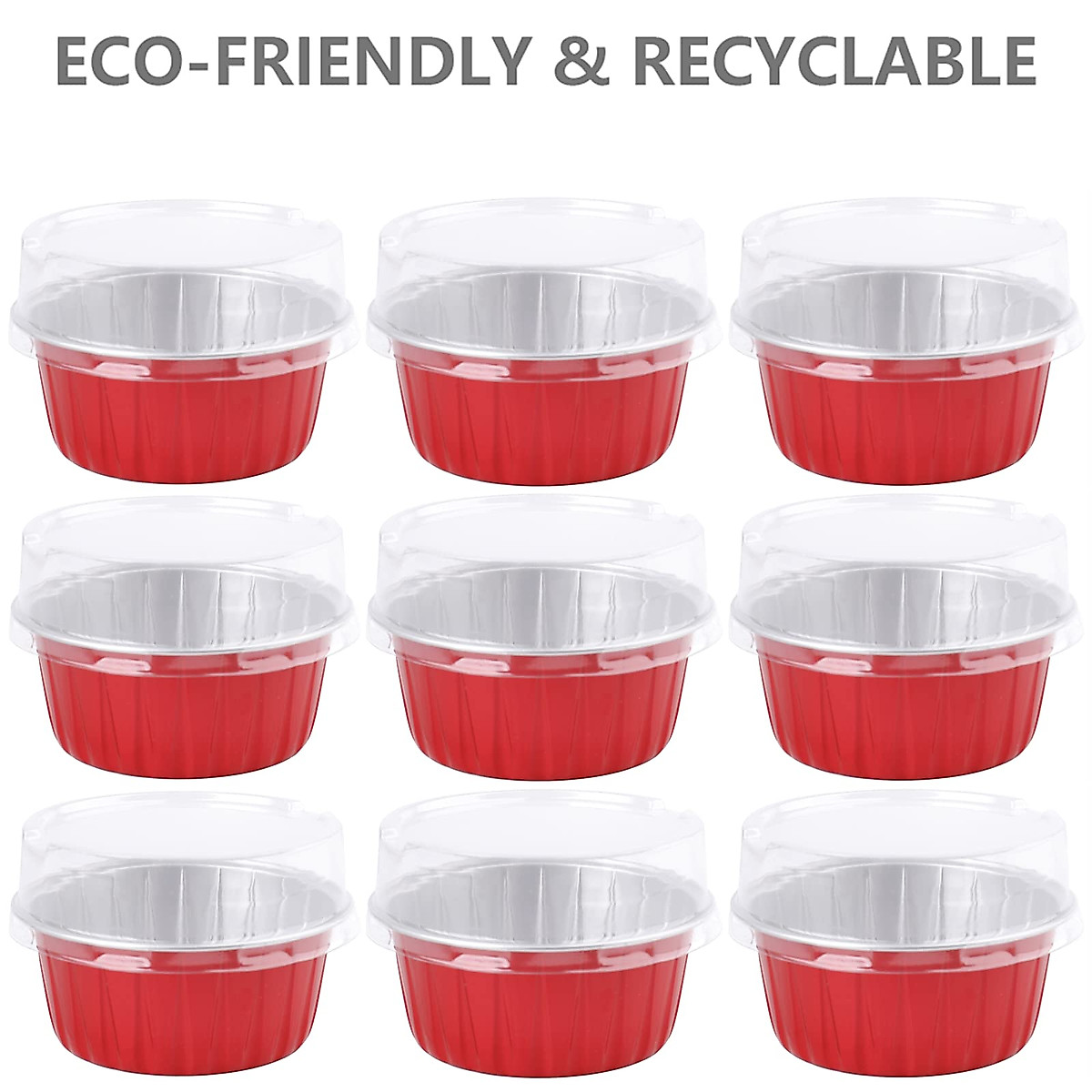 DEAYOU 100 Pack Aluminum Foil Ramekins with Lids, 5oz Muffin Cupcake Baking Liners Cups, 3" Round Disposable Recyclable Tart Pie Tin Pan Holder for Pudding, Party, Wedding, Oven Freezer Safe, Red