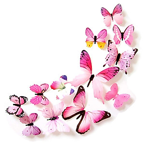 JYPHM 24PCS 3D Butterfly Wall Decal Removable Stickers Decor for Kids Room Decoration Home and Bedroom Art Mural Pink
