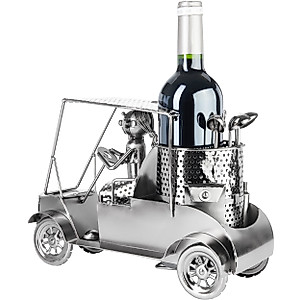 BRUBAKER Bottle Holder Female Golf Player in Golf Cart - Silver Metal Sculpture Wine Gift for Golfer and Sport Women - Wine Bottle Stand with Greeting Card