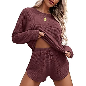 Ekouaer Womens Waffle Knit Pajama Sets Long Sleeve Top and Shorts Matching Lounge Set Sleepwear Loungewear Sweatsuit with Pockets Burgundy Small