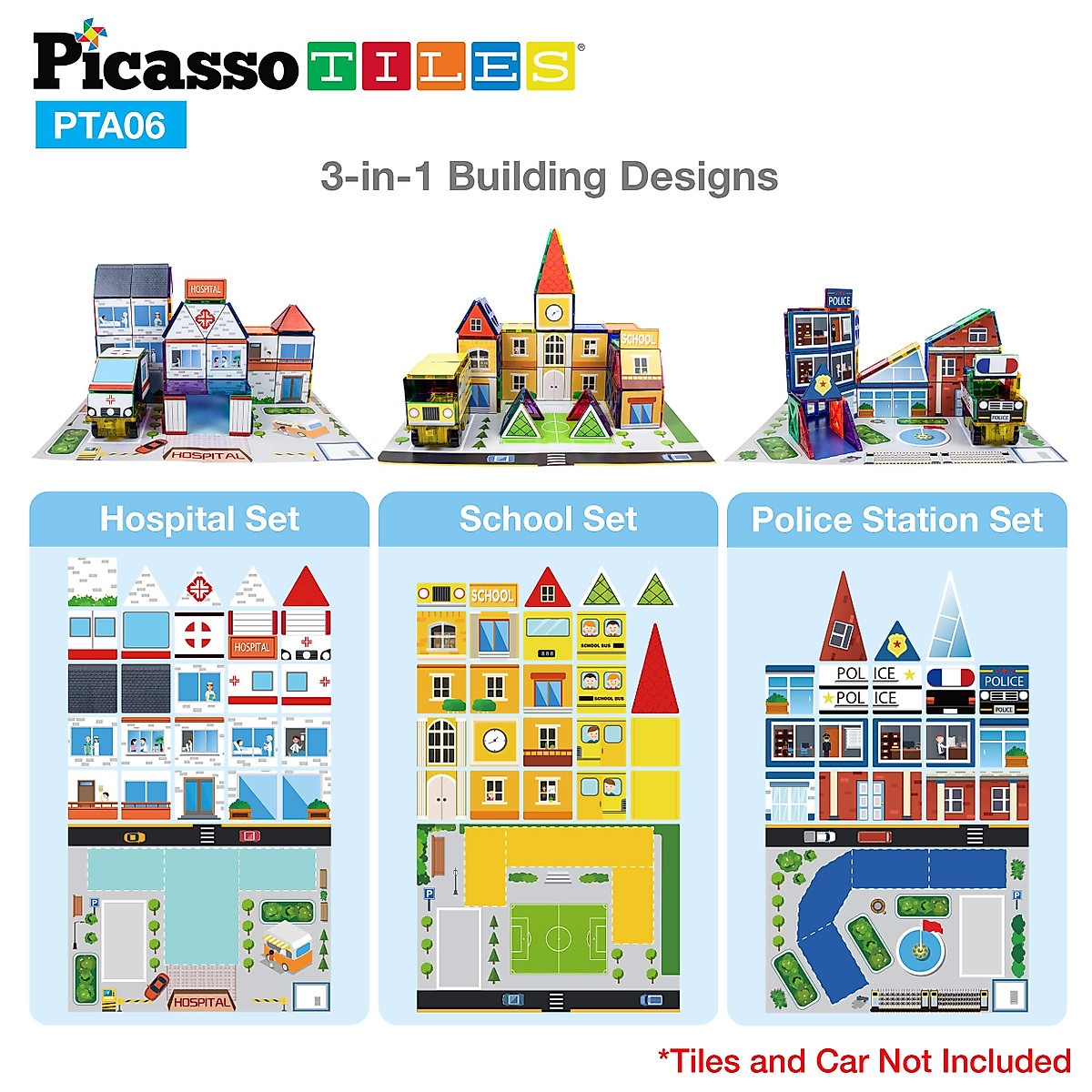PicassoTiles 80pc School, Hospital, Police Station 3-in-1 Theme Magnet Self Adhesive Backing Stick-On Puzzle Graphic Kit and Overlay Maps for Magnetic Building Blocks STEM Learning Construction Toy