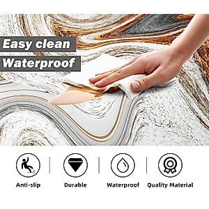 Kitchen Mats for Floor Anti Fatigue Floor Marble Cushioned Memory Foam Non Slip PVC Leather Padded Comfort Standing Rugs Set of 2, Abstract Golden Swirl Design, C1