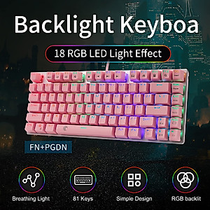 HUO JI 60% Mechanical Gaming Keyboard, LED Backlight 81 Keys Compact Keyboard USB Wired Keyboard Blue Switch, Pink