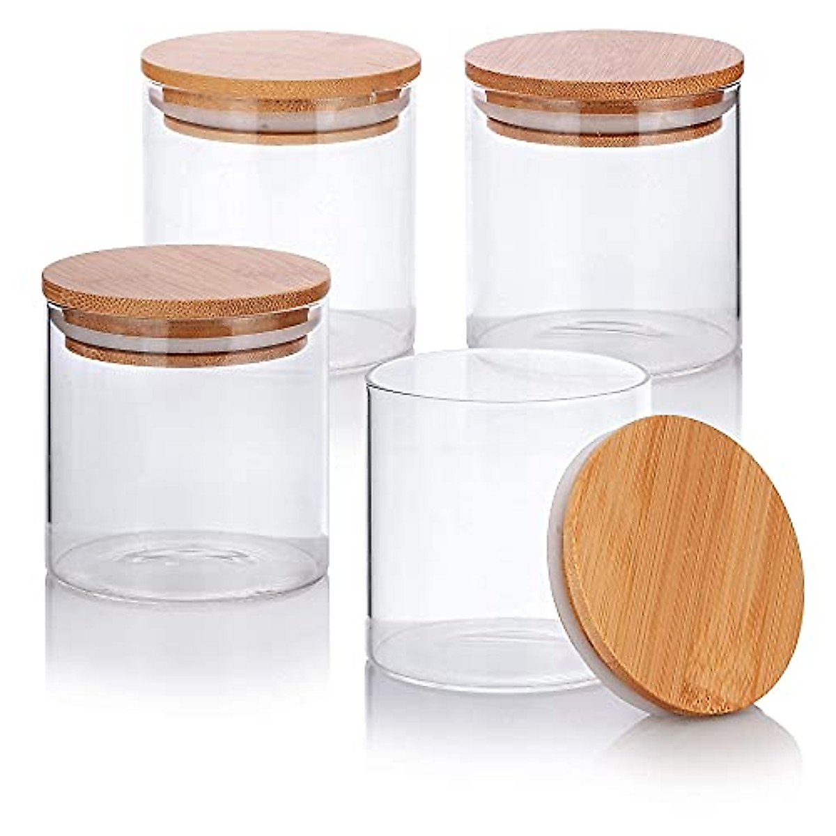 JUVITUS 8 oz Clear Glass Borosilicate Jars with Bamboo Lid (4 Pack) Microwave and Dishwasher Safe