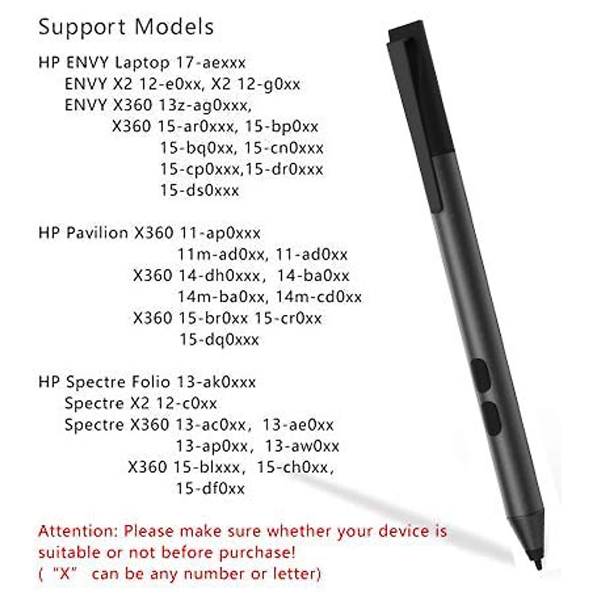﻿Stylus Active Pen for HP Pavilion x360 11m-ad0 14M-ba0 14-cd0 15-br0; HP Envy x360 15-bp0 15-bq0, x360 15-cn0, X2 12-e0xx,X2 12g0xx ; HP Spectre x360 13-ac0xx 15-blxxx (Black)