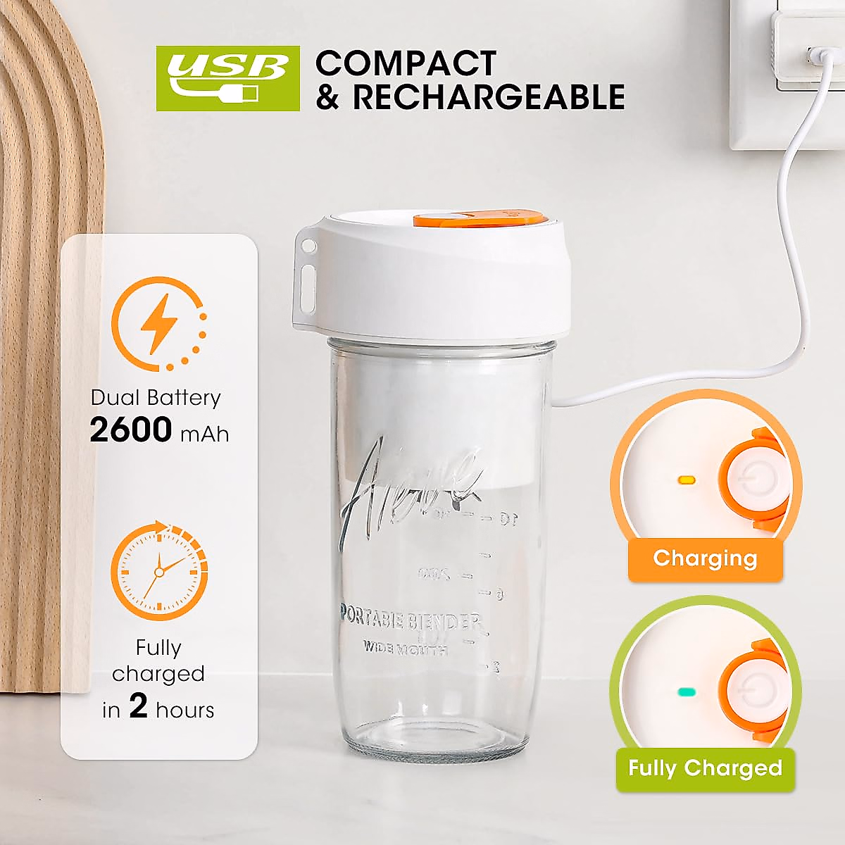 Aieve Mason Jar Blender, Personal Blender Portable Blender Cup for Wide Mouth Mason Jar (Turns Wide Mouth Mason Jar into Rechargeable Blender)