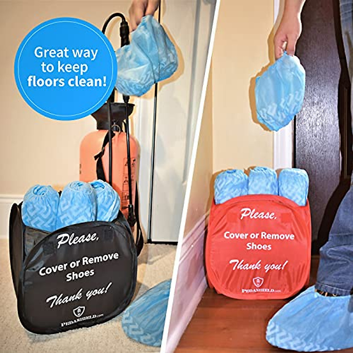 PedaShield Shoe Covers box | Collapsible Shoe Basket Bin Bootie Box | Reversible Door Hanger Signs | Realtors Open House 10" Foldable Storage holds 100 Disposable (2 Red Box + 2 Door Hang, 4)