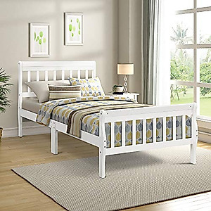 Voohek Twin Size Platform Bed Frame with Headboard, Footboard and Wood Slat Support, Sleigh Beds with Extra Supporting Legs, No Box-Spring Needed, White