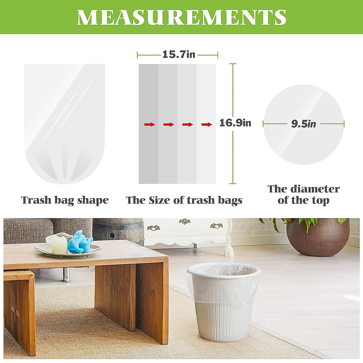 1.2 Gallon 180 counts Small Strong Trash Bags 5 Liter Garbage Bags by Teivio, Bathroom Trash Can Bin Liners, Plastic Bags for home office kitchen, Clear