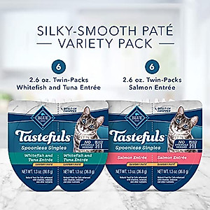 Blue Buffalo Tastefuls Spoonless Singles Adult Pate Wet Cat Food Variety Pack, Whitefish & Tuna and Salmon Entrée, 2.6-oz Twin-Pack Tray (12 Count - 6 of Each Flavor)