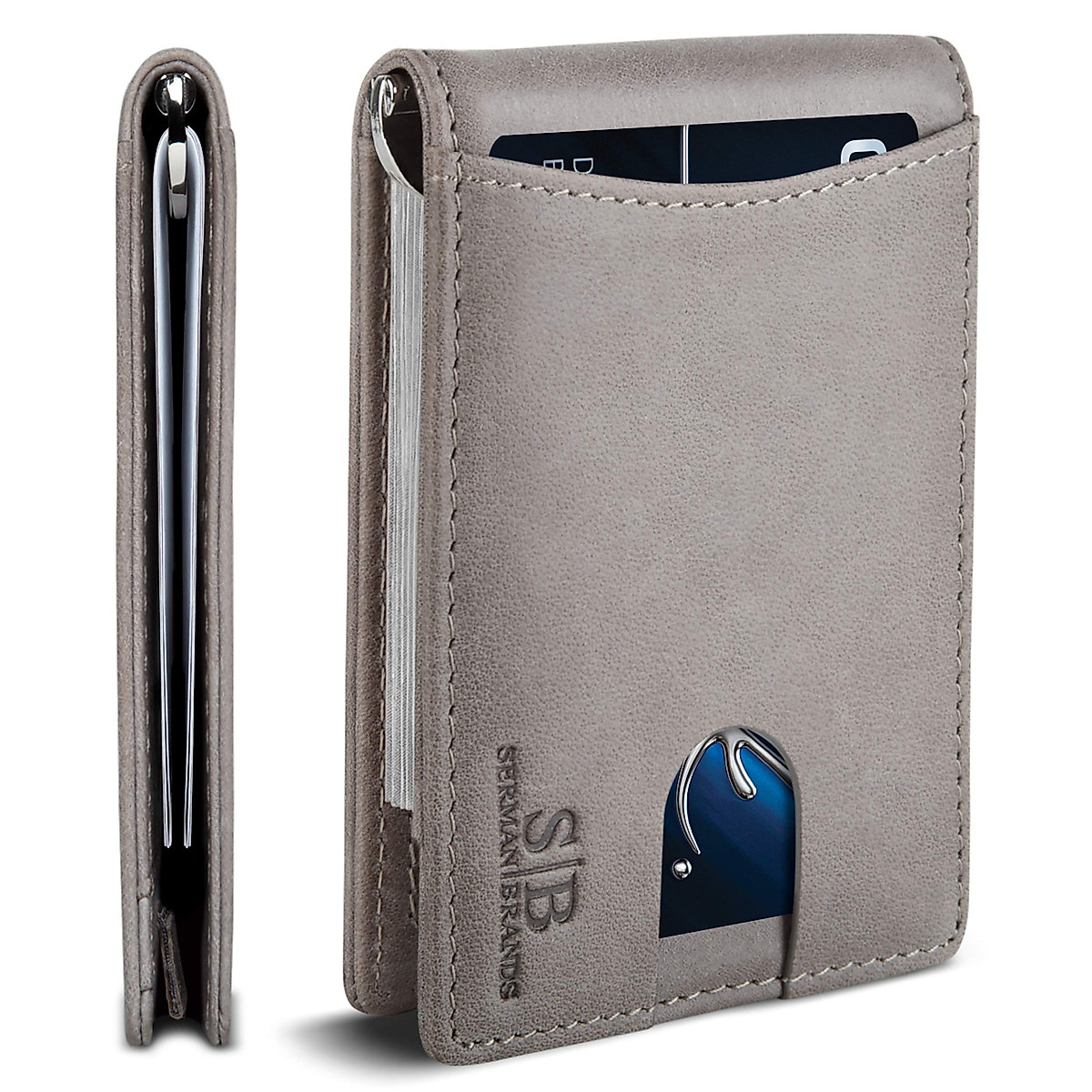 SERMAN BRANDS RFID Blocking Slim Bifold Genuine Leather Minimalist Front Pocket Wallets for Men with Money Clip Thin Gift (Slate Gray 1.S)