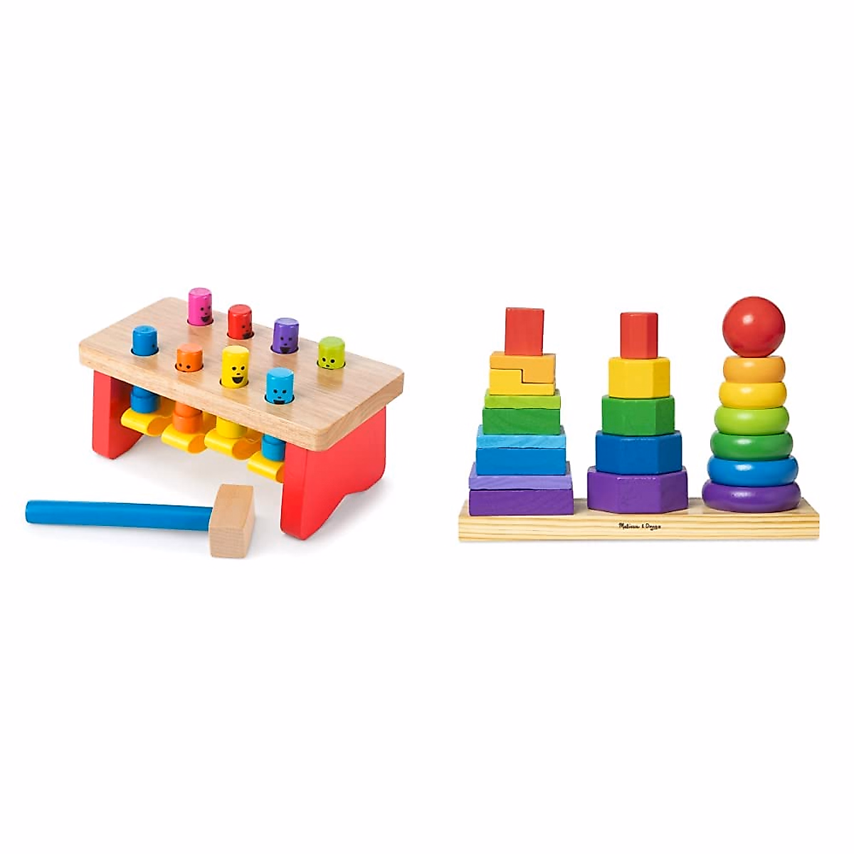 Melissa & Doug Geometric Stacker - Wooden Educational Toy & Deluxe Pounding Bench Wooden Toy with Mallet