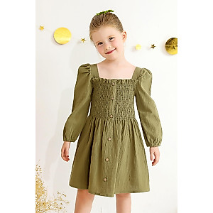 Happy Town Toddler Girl Fall Dress Long Sleeve Play Wear Dress Baby Solid Color Casual Clothes (Green, 3-4 T)