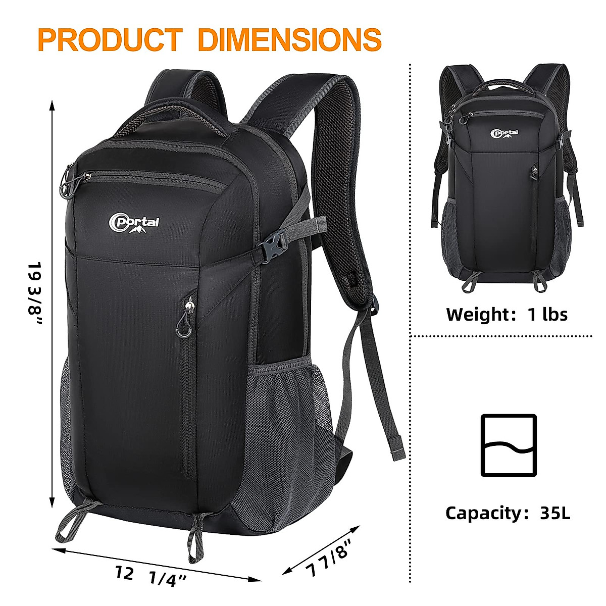 PORTAL 35L Waterproof Hiking Backpack, Lightweight Backpack for Camping Outdoor Sports Travel Daypack Black