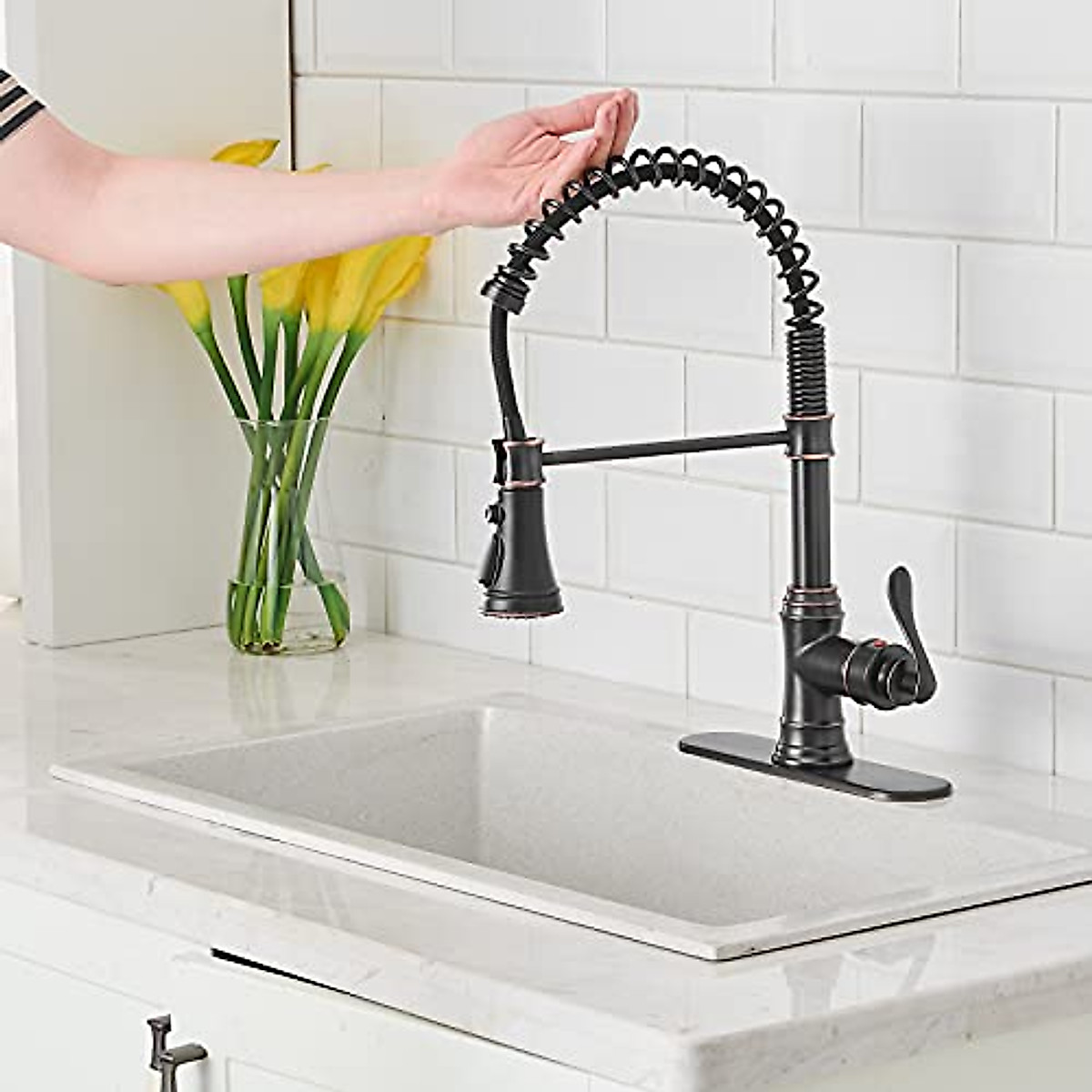 Evolvegoods Touch Kitchen Faucet with Pull Down Sprayer 3 Modes Oil Rubbed Bronze Spring Commercial Single Handle One Hole High Arc Goose Neck Touch Activated Faucet for Kitchen Sink Solid Brass