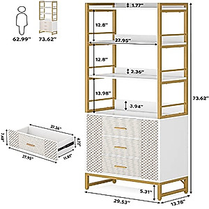 Tribesigns Gold White Bookshelf with 3 Drawers, Tall Ladder Shelf Bookcase with Storage, Modern Bookcases and Book Shelves 4 Shelf Organizer, Metal Wood Book Shelving Unit for Bedroom, Office