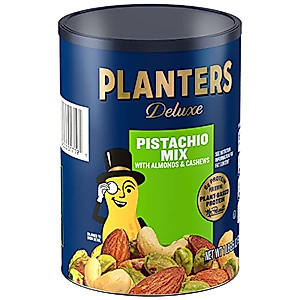PLANTERS Deluxe Pistachio Mix, 1.15 lb. Resealable Canister - Deluxe Pistachio Mix: Pistachios, Almonds & Cashews Roasted in Peanut Oil with Sea Salt - Kosher, Savory Snack